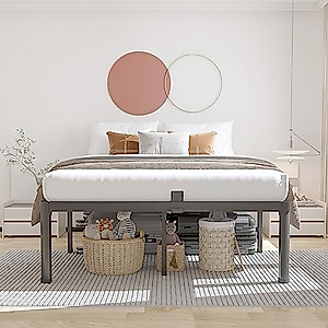 ROIL 14 inch Metal Queen Bed Frame with Rounded Corner and Headboard Hole Mattress Retainers 3500LBS Heavy Duty Steel Slats No Box Spring Needed Platform Noise-Free Easy Assembly