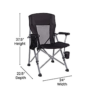 Flash Furniture Heavy Duty Portable Folding Camping Chair - Black Seat & Back with Padded Arms - Gray Steel Frame - Cup Holder, Storage Pouch - Extra Wide Carry Bag