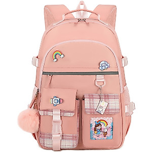 Hey Yoo Cute School Backpack for Girls Backpack for School Bag Kids Backpacks for Girls Kawaii Bookbag for Teen Girls (Pink)