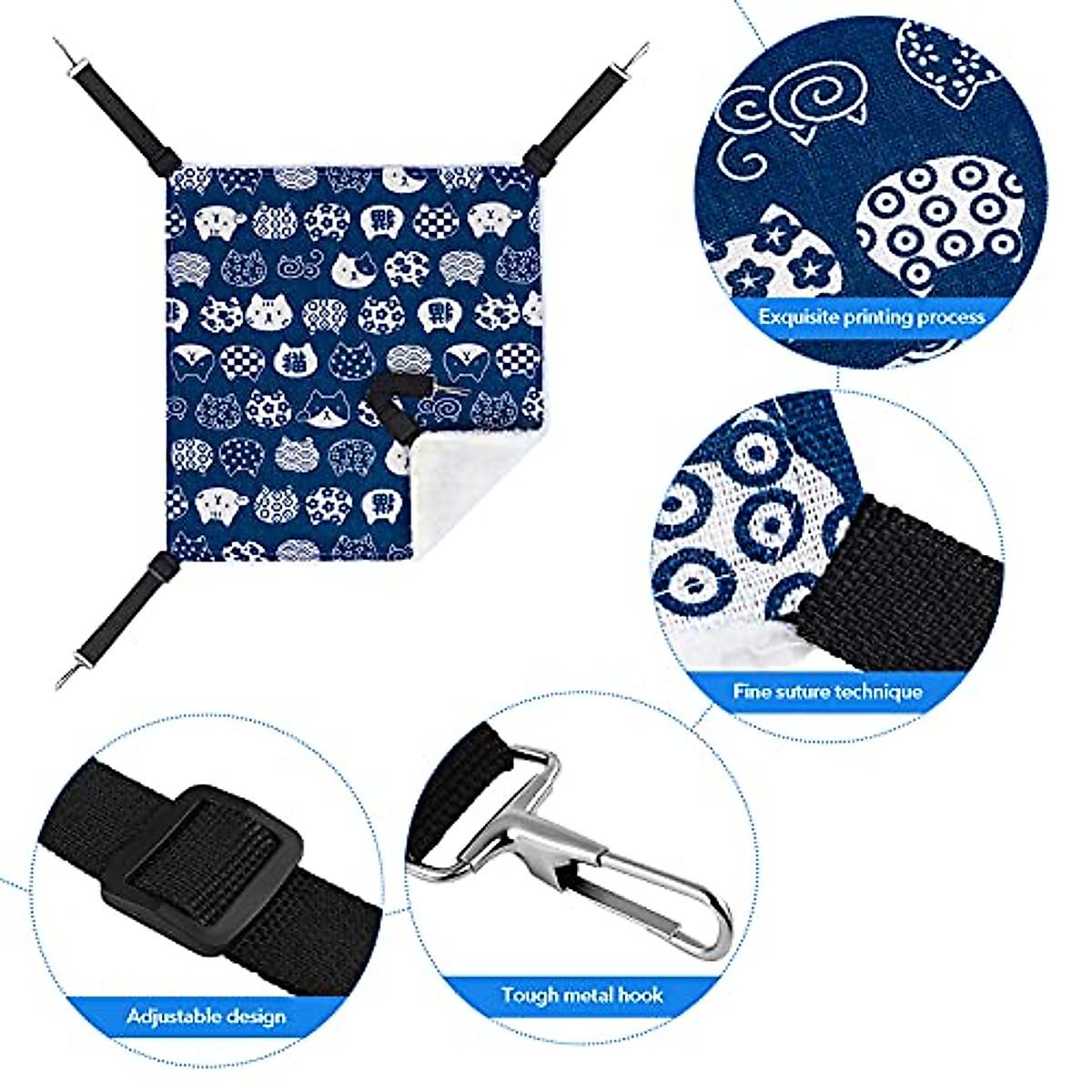 Pedgot 3 Pack Reversible Cat Hanging Hammock with Adjustable Straps and Hooks Double-Sided Pet Cage Hammock Hanging Bed Resting Sleepy Pad for Small Animals Pets, 23.6 x 20 Inches