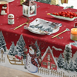 Horaldaily Christmas Tablecloth 60×84 Inch, Winter Snowman House Christmas Trees Red Washable Table Cover for Party Picnic Dinner Decor