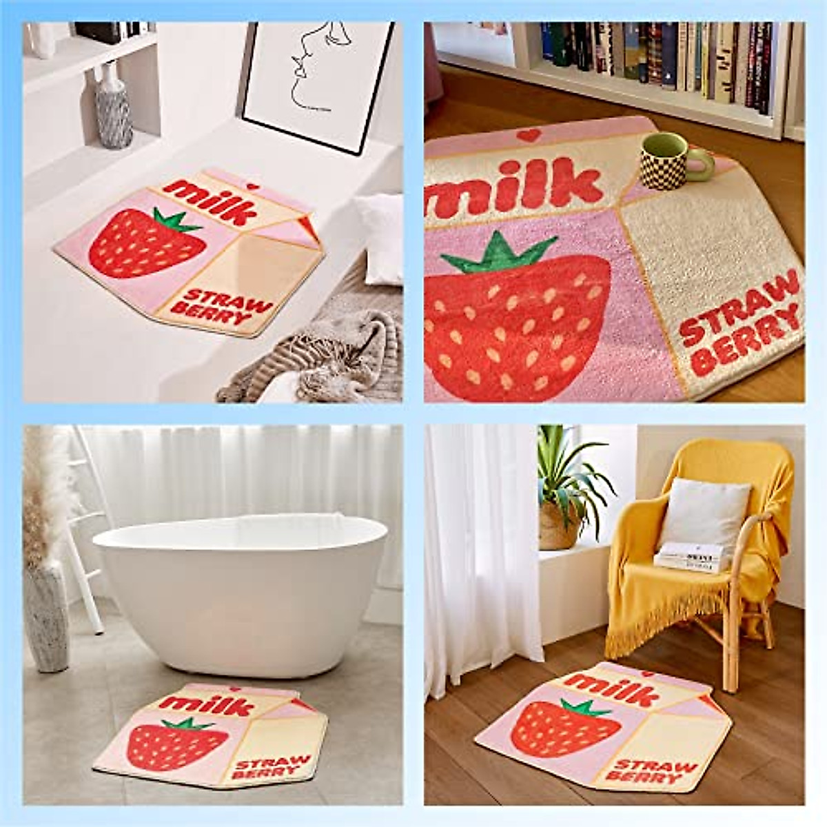 Snack Break | Cute Pink Strawberry Milk Rug for Bathroom, Bedroom, and Living Room | Non-Slip Backing | Ultra Soft Machine Washable Microfiber