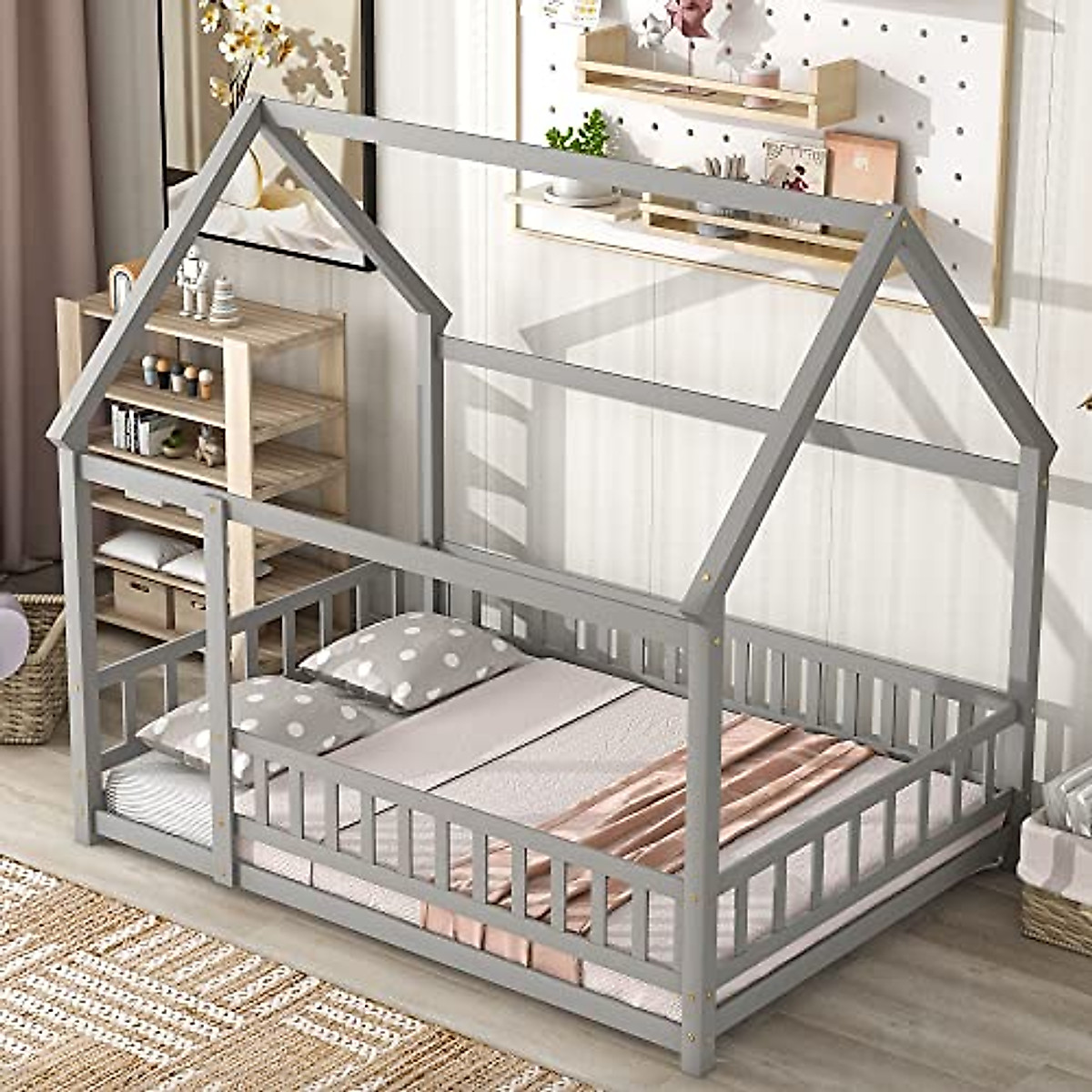 ZJIAH Full Size Floor Bed for Kids, Montessori Bed Frame Full Size with Fences, Wood Full Floor House Beds with Safety Guardrails for Teens Girls and Boys, No Box Spring Needed