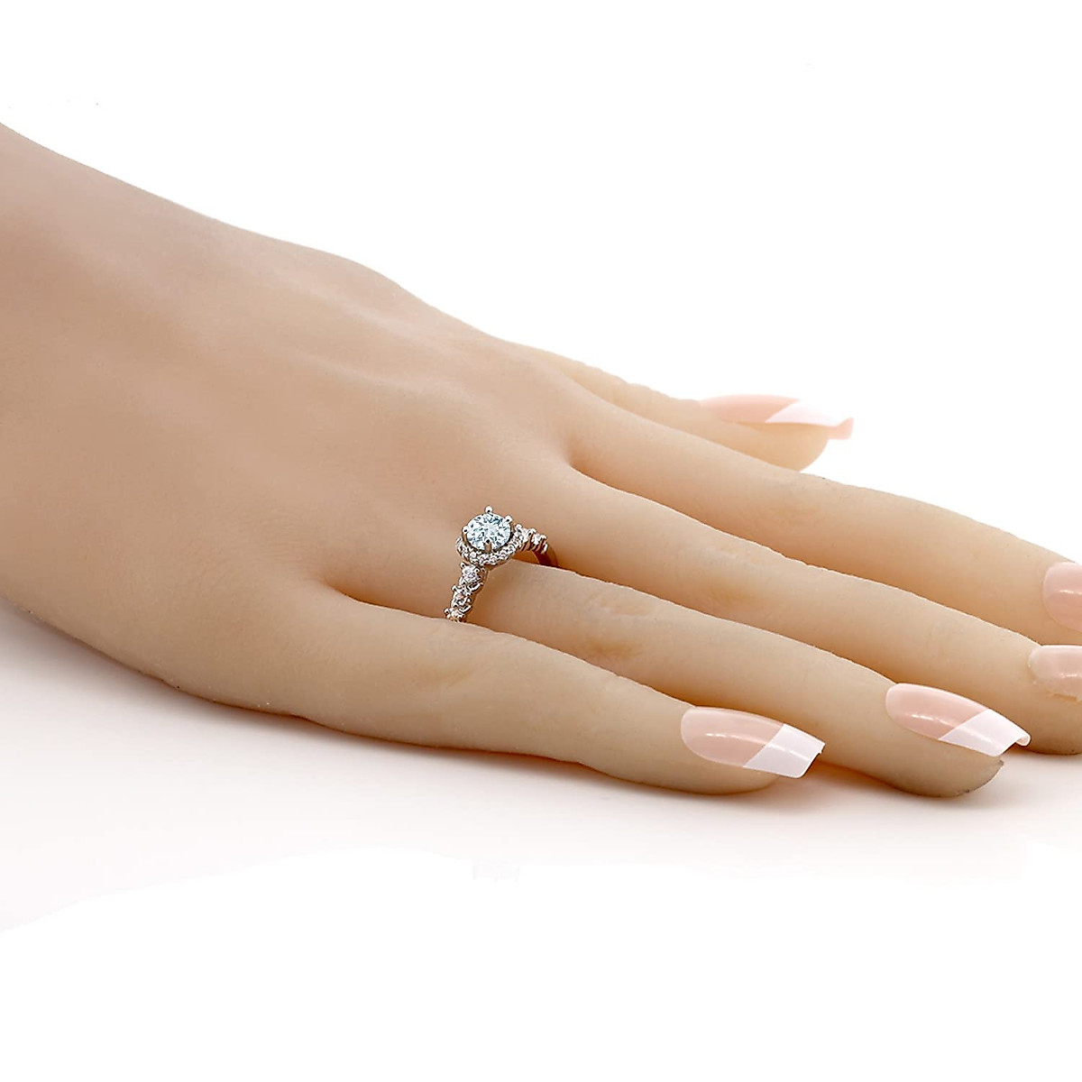 Gem Stone King 925 Sterling Silver Aquamarine and White Topaz Engagement Ring For Women | 0.87 Cttw | Gemstone Birthstone | Available 5,6,7,8,9 (Size 8)