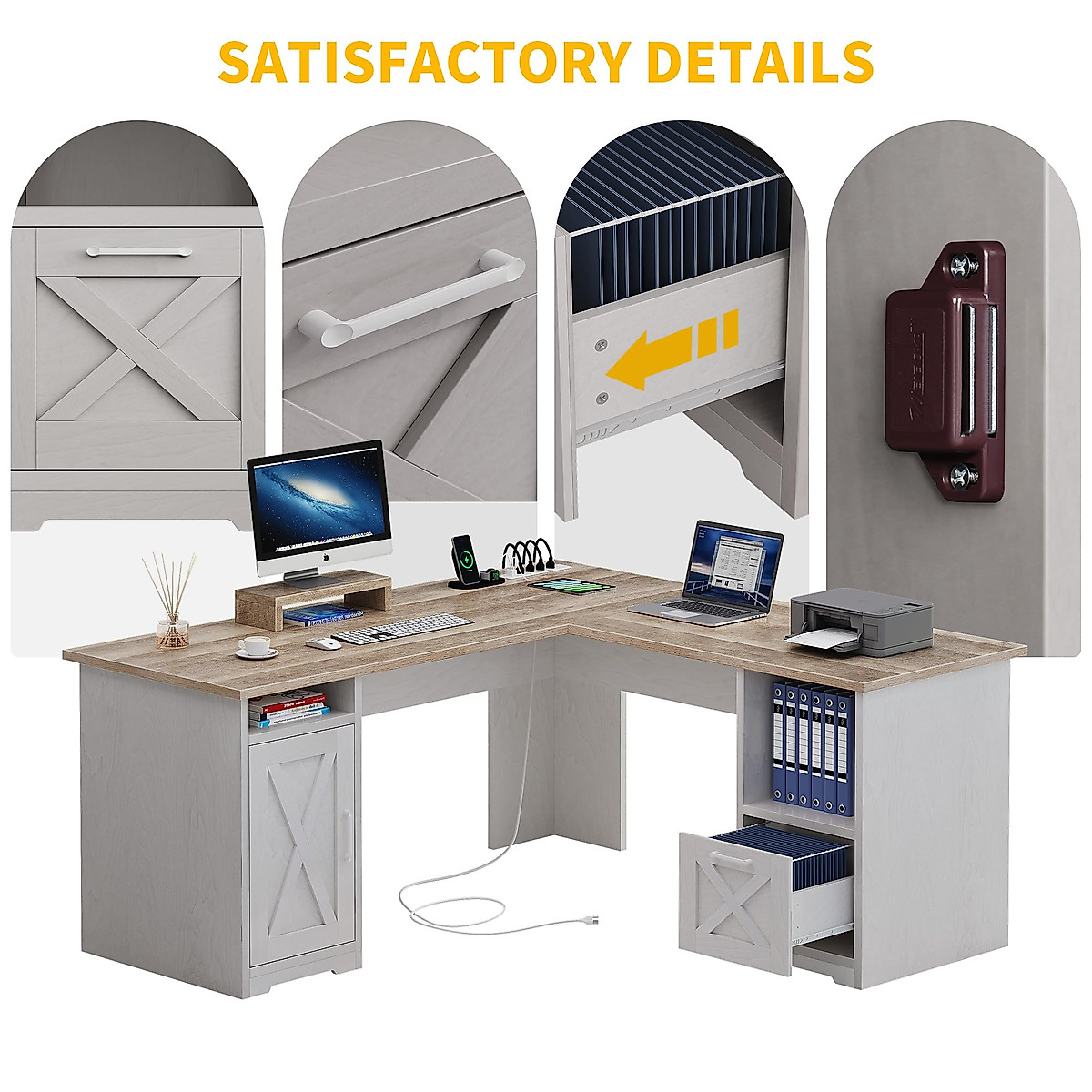 DWVO L Shaped Desk with File Drawer, 60" Corner Computer Desk with Power Outlets, Home Office Desk with Monitor Stand & Storage Shelves & File Cabinet, Grey Wash