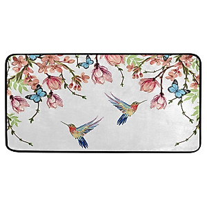 MOYYO Kitchen Mat Tropical Flower Butterfly Hummingbird Kitchen Rug Mat Anti-Fatigue Comfort Floor Mat Non Slip Oil Stain Resistant Easy to Clean Kitchen Rug Bath Rug Carpet for Indoor Outdoor Doormat