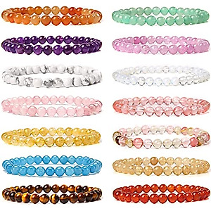 SONNYX 14Pcs 6mm Semi Precious Gemstone Beaded Bracelets for Women Men Tiny Crushed Stone Crystal Bracelet Stretch Bead Bracelet Unisex Jewelry