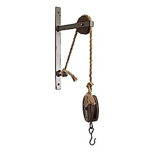 Melrose 16" Pulley Mounting Bracket with Hook - Metal/Wood, Rustic Vintage Style Metal and Wood Pulleys and Hooks Wall Hanging