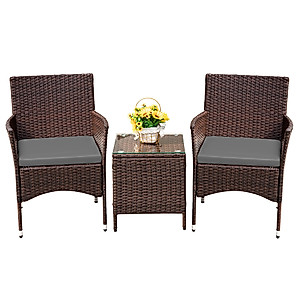 Devoko Patio Porch Furniture Sets 3 Pieces PE Rattan Wicker Chairs with Table Outdoor Garden Furniture Sets (Brown/Grey)