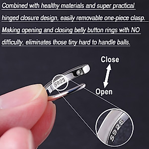 ZS 14G Clicker Belly Button Rings for Women, 925 Sterling Silver Piercing Simulated Diamonds Rivet Reverse Curved Navel Barbell Body Jewelry (10mm)