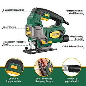Jigsaw, TECCPO 6.5 Amp 3000 SPM Jig Saw with Laser, 6 Variable Speed, 6 Blades, ±45° Bevel Cutting, 4 Orbital Settings, Pure Copper Motor, with Carrying Case - TAJS01P