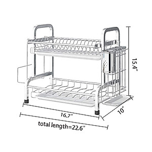 2-Tier Dish Rack, Colture Stainless Steel Dish Drying Rack with Utensil Holder and Drain Board Wine Glass Holder Easy-Storage Rustproof Kitchen Counter Dish Drainer Rack Organizer, Silver