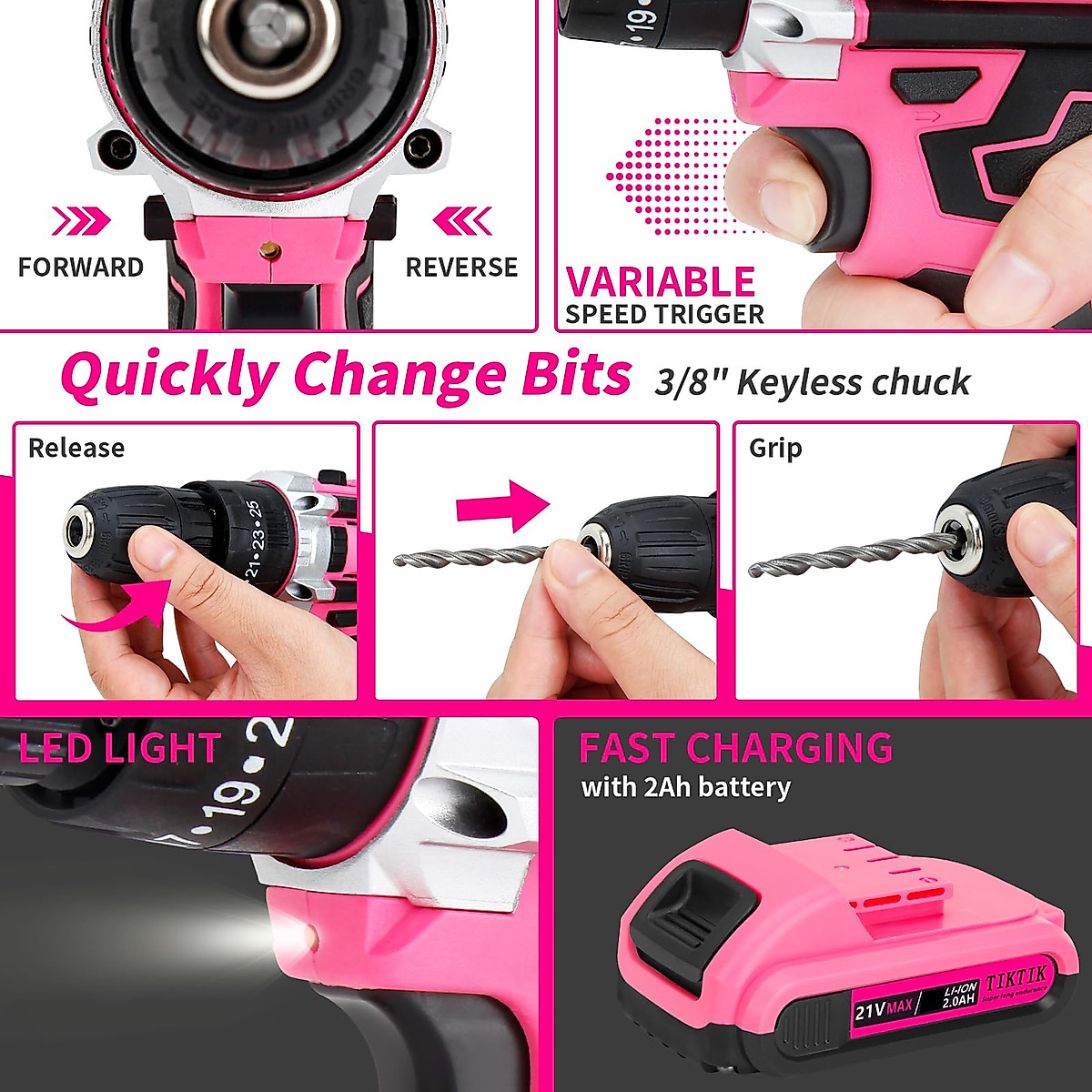 TIKTIK Pink Cordless Drill Set,21V Cordless Power Drill Tool Box with Battery and Charger,Torque 45N,3/8-Inch Keyless Chuck,25+3 Position and Drill Bits,Electric Screwdriver Driver Tool Kit for Women