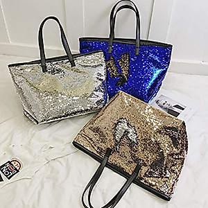 FENICAL Tote Sequins Shoulder Bag Glitter Handbag Flippy Large Tote Bag for Ladies Girls Women- Dark Blue (Random color of inner pattern)