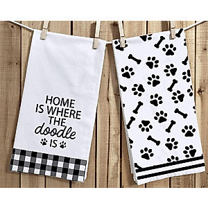 Home is Where The Doodle is Kitchen Dish Towels 18 x 28 Inch Set of 2,Dog Paw Farmhouse Towels Dish Cloth for Cooking Baking