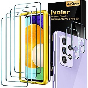 [4+2 Pack] iVoler Screen Protector for Samsung Galaxy A52 5G&4G/ A52s 5G [4 Pack] with 2 Pack Camera Lens Protector Tempered Glass for Samsung A52 5G&4G/ A52s 5G with Easy Installation Frame, 6.5 inch
