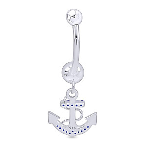 Round Shape Simulated Blue Sapphire Anchor Dock Belly Navel Ring in 14K White Gold Over Sterling Sliver