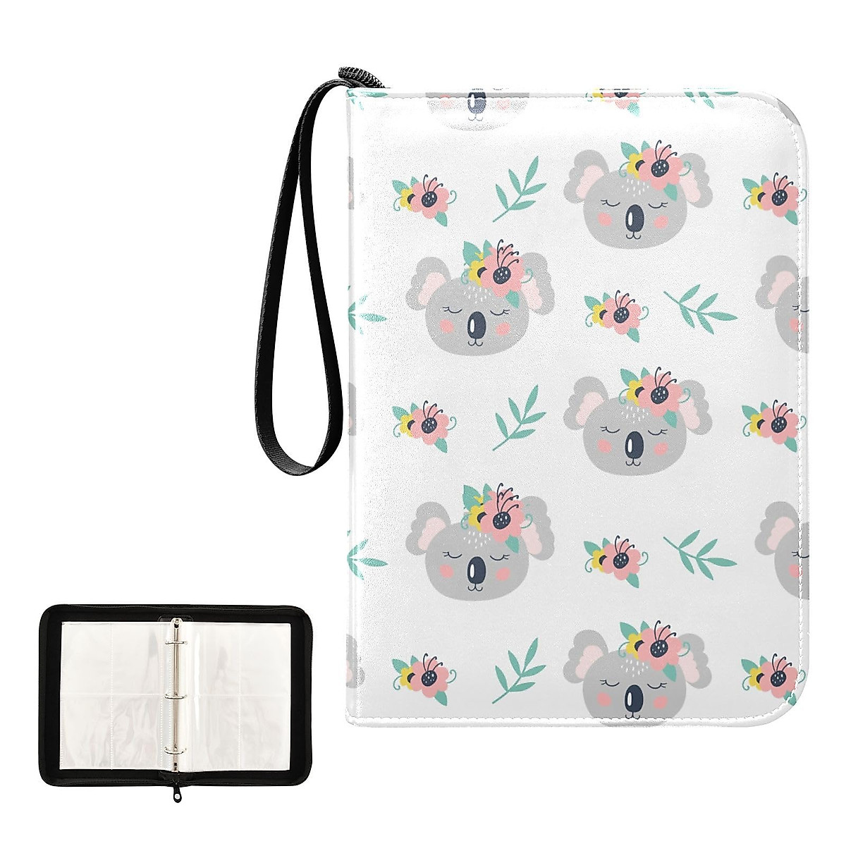 PYBUG Cute Koala Trading Card Binder with Nylon Strap 4-Pocket Waterproof PU Leather Card Collection Binder for 400 Cards Sturdy Card Holder Folders for Game Cards,Sports Cards