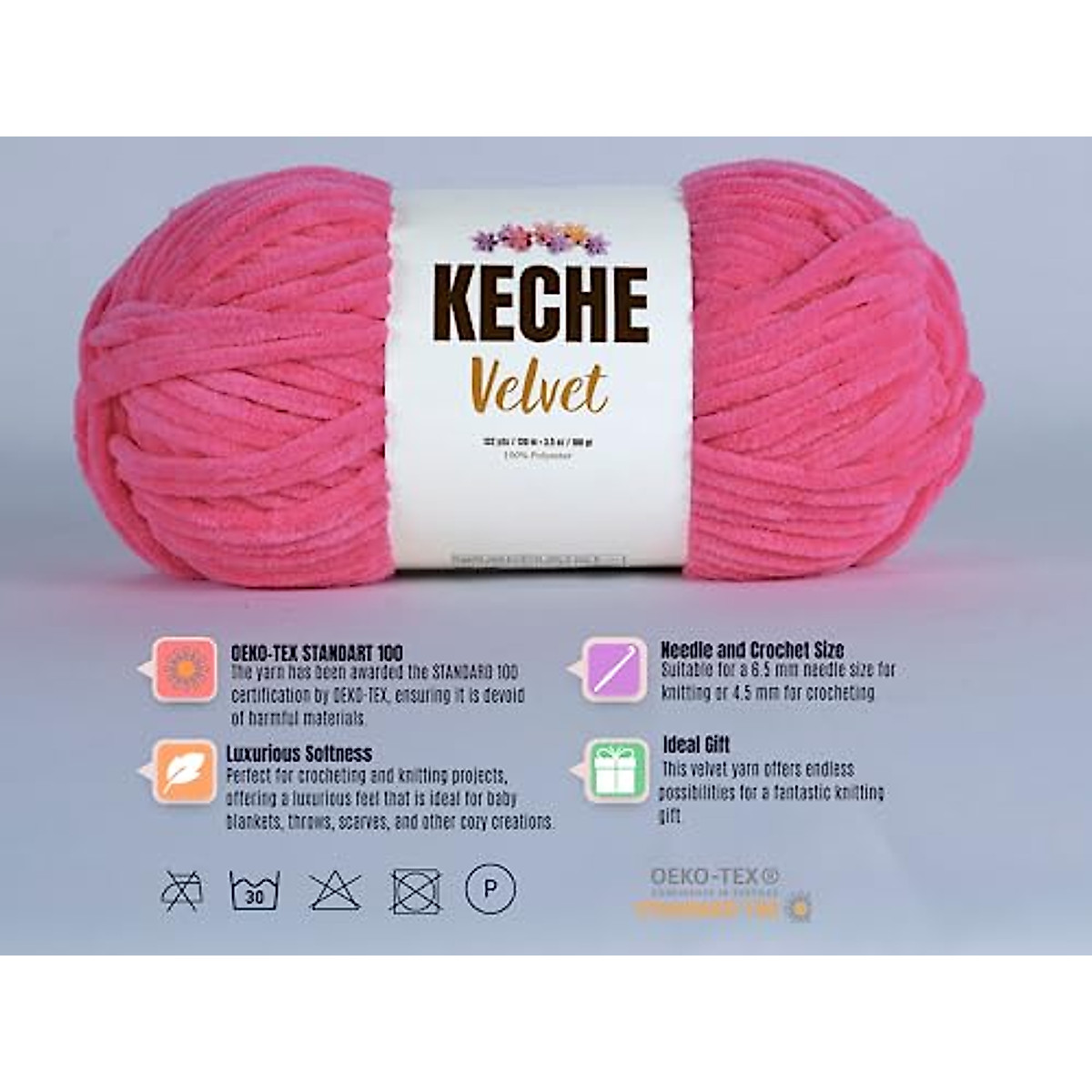 Keche Velvet Yarn for Crocheting, Soft Chenille Bulky Baby Blanket Amigurumi Yarn 100 gr (132 yds) - Hot Pink