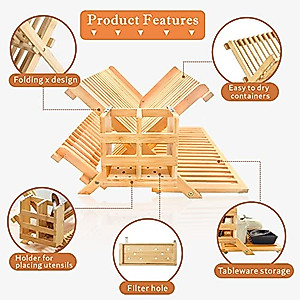 ZROOY Bamboo Dish Drying Rack with Utensil Holder Set,3-Tier Collapsible Wood Dish Drying Rack for Kitchen,Folding Bamboo Drying Rack with Utensils Flatware Holder,Space-Saving Storage with Foldable