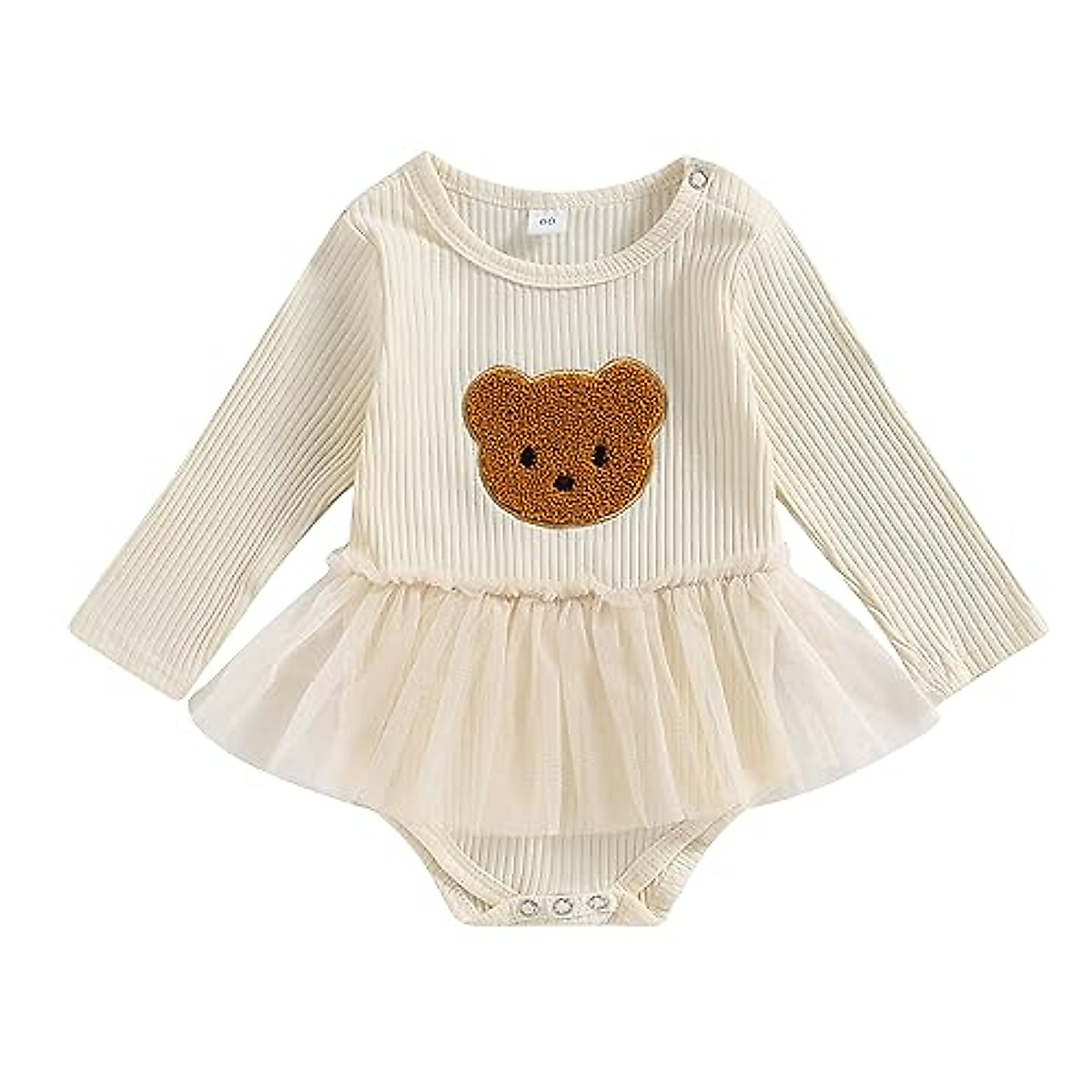Kuriozud Baby Girls Mesh Romper Dress Bear Pattern Long Sleeve Jumpsuits for Newborn Infant Toddler Cute Clothes (Milky White, 12-18 Months)