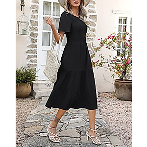 Ellakoko Summer Dresses for Women 2023 Casual Short Sleeve Modest A Line Crew Neck Ruffle Tiered Smocked Midi Black Dress Solid Black M