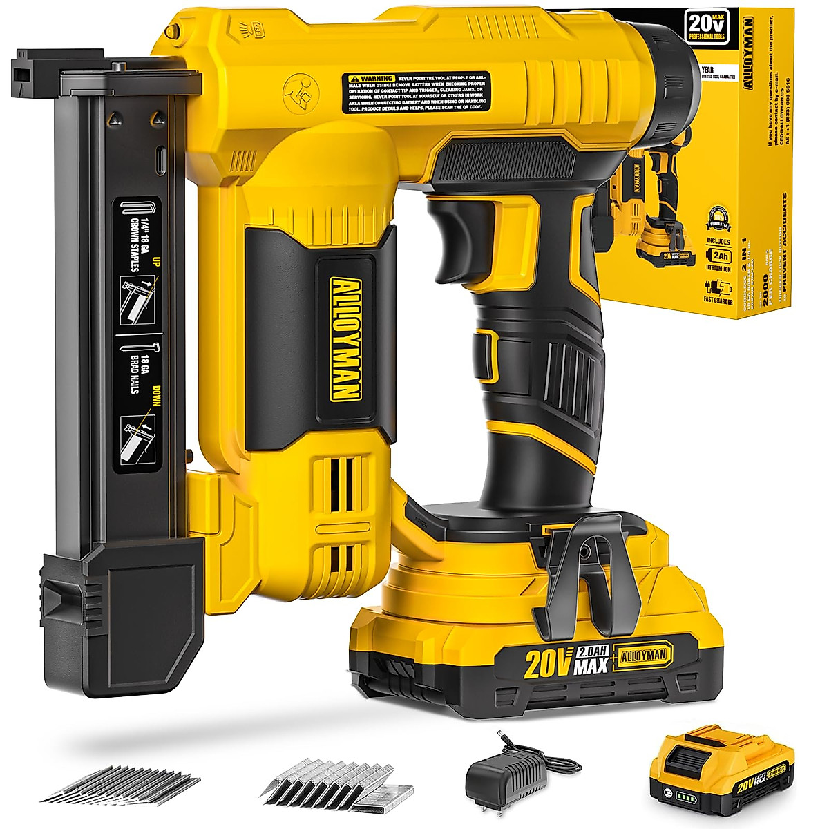 Alloyman 18 Gauge Nail Gun Battery Powered, 2 in 1 Cordless Brad Nailer/Electric Stapler with 2.0Ah Battery and Charger,1000pcs Nails and 500pcs Staples Included for Home Improvement & Woodworking