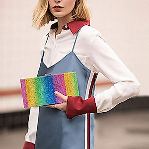 Van Caro Women Rainbow Evening Clutch Bag,Rhinestone Colorful Square Box Shoulder Handbag for Wedding Party Tote Purse,Big Rainbow