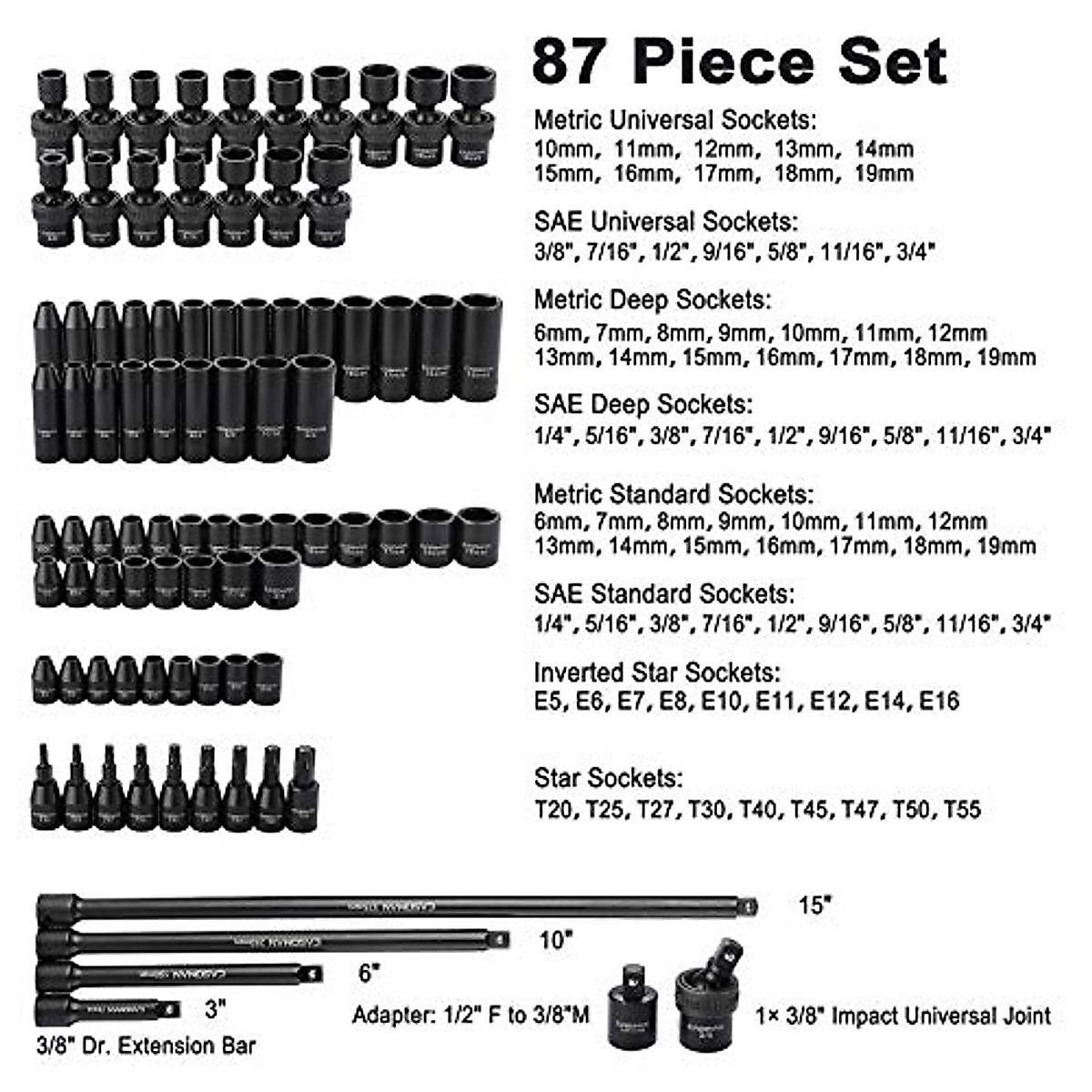 CASOMAN 87 Pcs 3/8" Drive Master Impact Socket Set, SAE&Metric Standard,Deep,Swivel Sockets,Cr-MO Steel, Includes Star and Inverted Star Socket, Imapct Universal Joint, Extension Bars