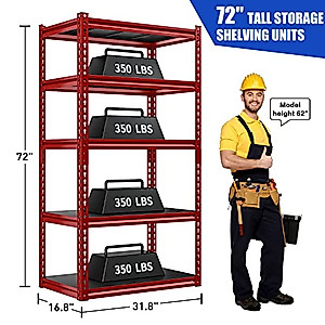 REIBII 72"H Garage Shelving Heavy Duty Storage Shelves 1750LBS Adjustable Garage Storage Shelves 5 Tier Metal Shelving Unit for Storage Shelving Storage Rack 72"H x 16.8"D x 31.8"W Red Black 4 Pack