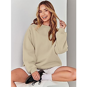 Caracilia Women's Long Sleeve Sweatshirts Crewneck Loose Fit Cotton Fuzzy Khaki Pull Over 2023 Fall Fashion Outfits Oversized Cute Teen Girls Solid Y2K Fleece Hoodie C102A6-zongse-M