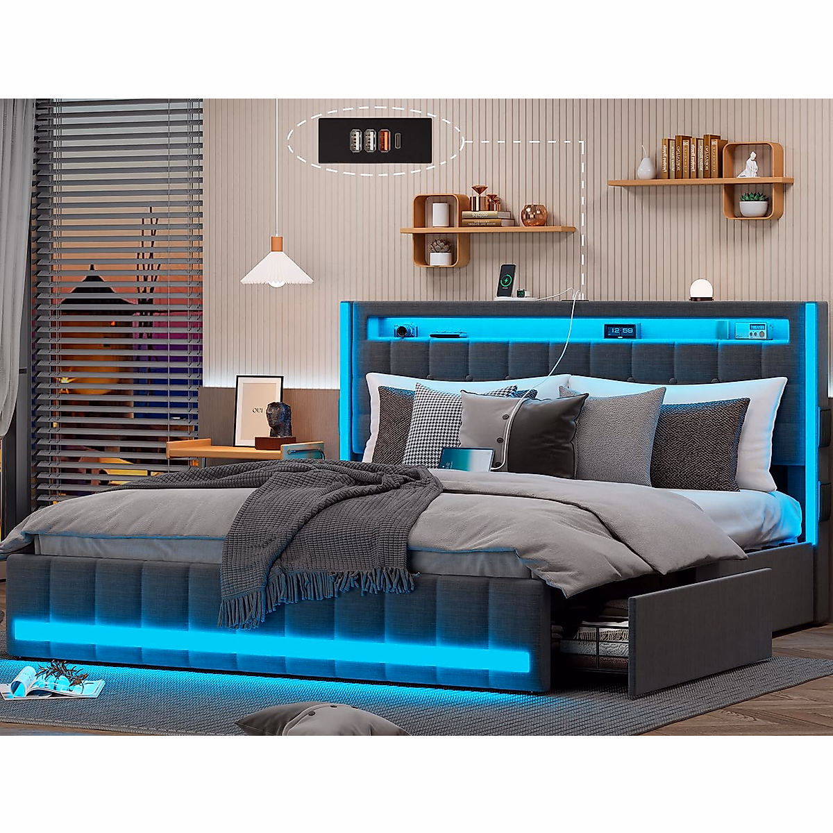 Dnxao Upholstered Queen Size Bed Frame with 4Storage Drawer,RGB LED Light,Charging Station,Adjustable Headboard,Slats Support,No Box Spring Needed,Dark Gray