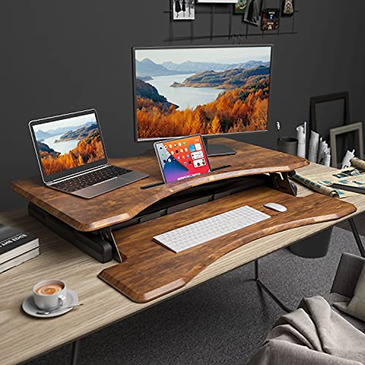 FEZIBO Standing Desk with Height Adjustable 37 Inches Standing Desk Converter Stand up Riser Tabletop Workstation Fits Dual Monitor Rustic Brown