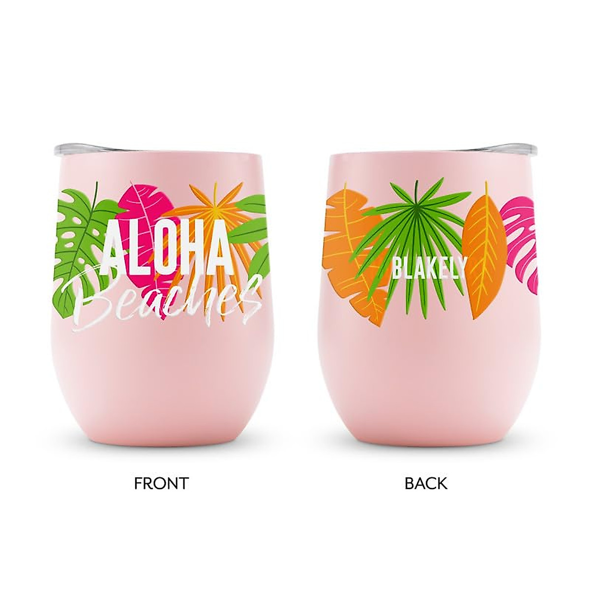 WEDDINGSTAR Personalized Stemless Travel Tumbler 12oz – Insulated Stainless Steel Wine Glass with Lid - Aloha Beaches - Pink
