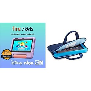 Amazon Fire 7 Kids tablet, 7" display 32GB (Purple) + Kids Zipper Sleeve (Blue)