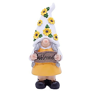 Lerrio & Bifeen Spring Garden Gnomes Figurines Decor 9.5 inch, Carved with Welcome, Sunflower Hat Yellow Dress Gnomes for Spring Gnomes Garden Yard Decorations