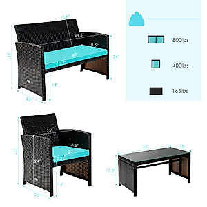 Tangkula 4 Pieces Rattan Furniture Set, Outdoor Conversation Set w/Chair & Loveseat & Tempered Glass Coffee Table, Suitable for Garden, Backyard, Poolside, Patio Furniture Set for 4 (1, Turquoise)