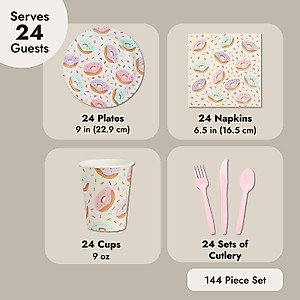 Juvale 144 Piece Donut Grow Up Party Supplies - Serves 24 Sprinkle Paper Plates, Napkins, Cups and Cutlery for Two Sweet Birthday Decorations