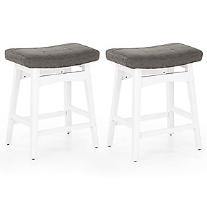 Erste!Bravo White Solid Wood Bar Stools Set of 2 for Kitchen Counter Height Barstools with Faux Leather Saddle Seat Farmhouse Upholstered Stools for 34"-38" Counter Island, Grey Cushion & White Legs