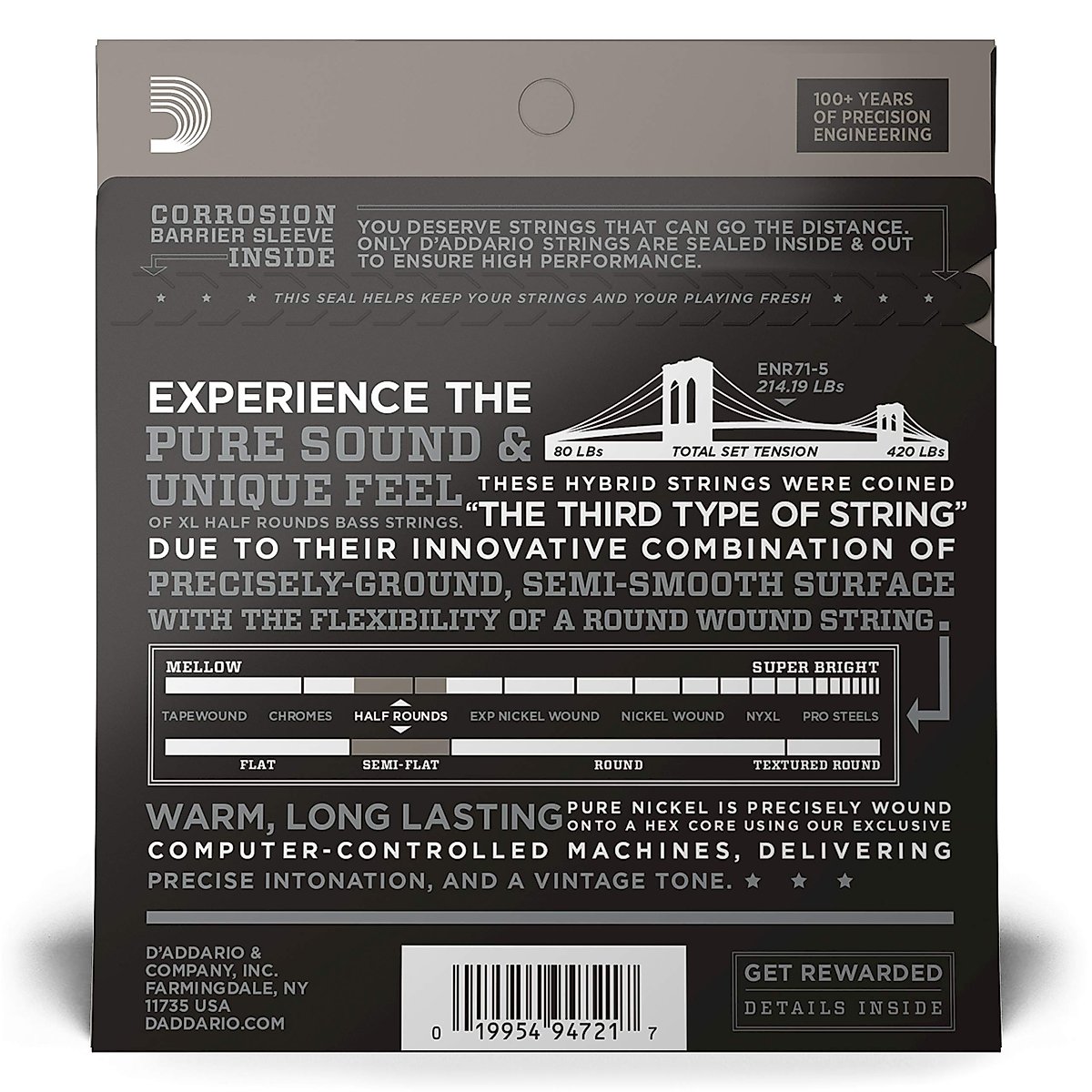 D'Addario XL Half Rounds Bass Guitar Strings - ENR71-5 - 5 String - Long Scale - Regular Light, 45-130