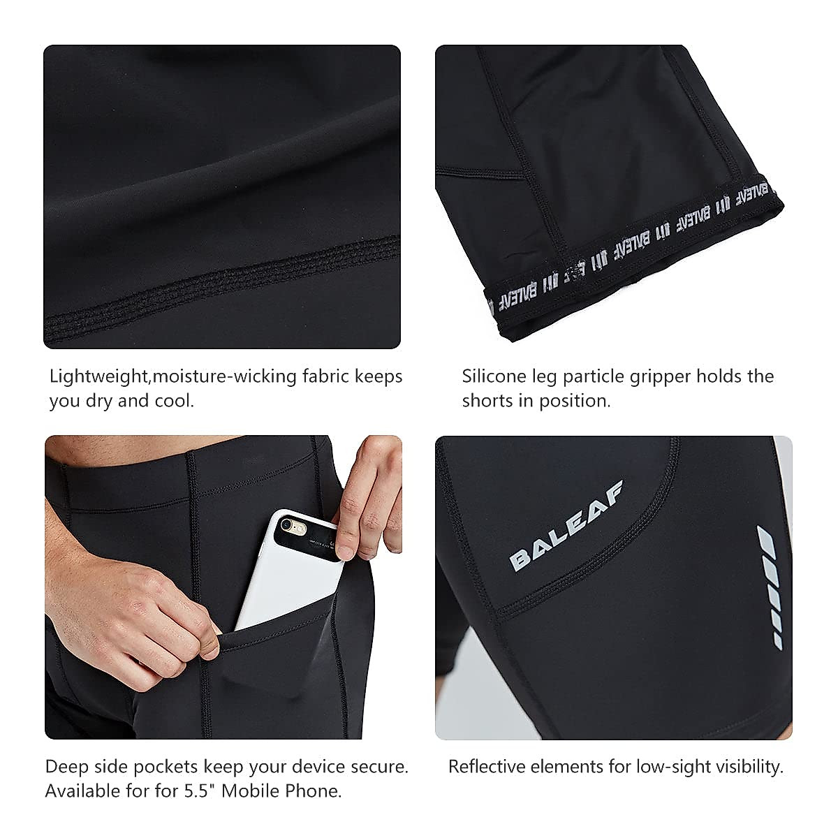 BALEAF Padded Bike Shorts for Men Cycling Shorts Padding Pockets UPF 50+ Black L