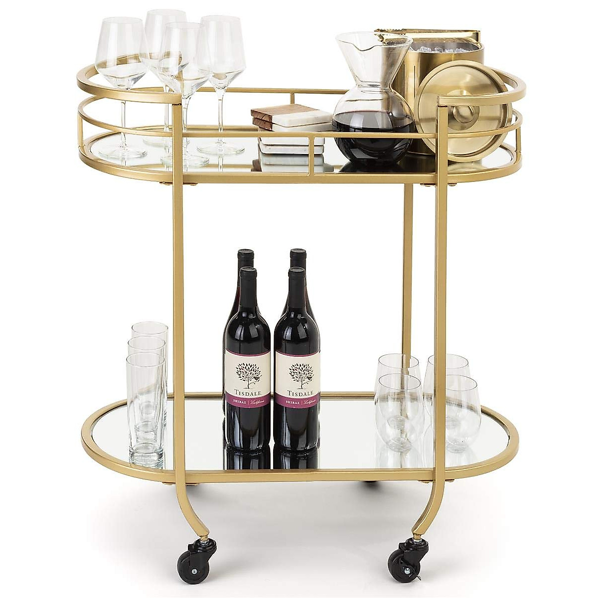 Displays2go Champagne Gold Drinks Trolley, Mirrored Glass Decks, Four Casters - Satin Finish (FSBEVCART5)