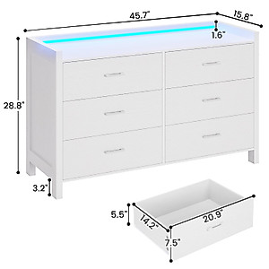 Hasuit White Dresser for Bedroom with LED Lights, Large Capacity Wooden Storage Cabinet, Chest of 6 Drawers, 6 Drawer Dresser for Hallway, Entryway