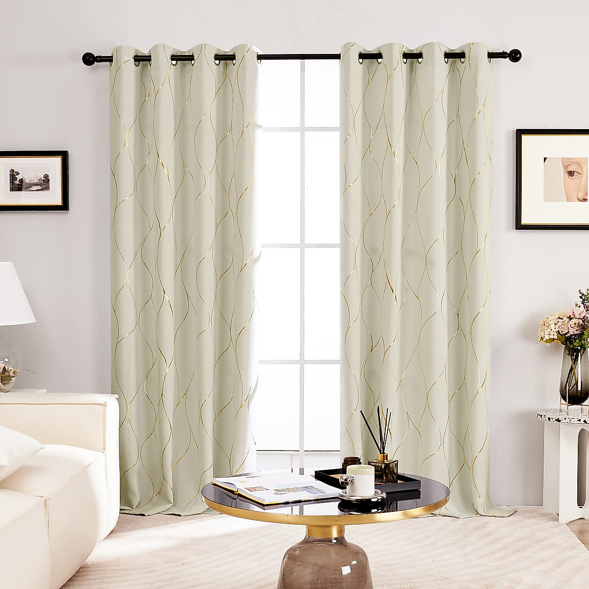 Deconovo Gold Wave Print Blackout Curtains for Bedroom, Thermal Insulated Curtains for Living Room, Room Darkening Drapes (Light Beige/Wave, 52x63 Inch, 2 Panels)