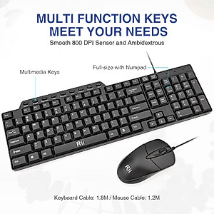 (2PACK) Wired Keyboard and Mouse,Rii RK203 Ultra Full Size Slim USB Basic Wired Keyboard Mouse Combo Set with Number Pad for Computer,Laptop,PC,Notebook,Windows
