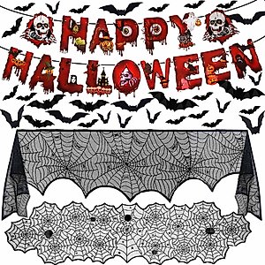 Halloween Decorations Indoor Set, 52pcs Halloween Party Decorations, Halloween 3D Bats & Spiderweb Table Runner & Cobweb Fireplace Mantel Scarf & Spooky Happy Halloween Banner for Home Indoor Decor