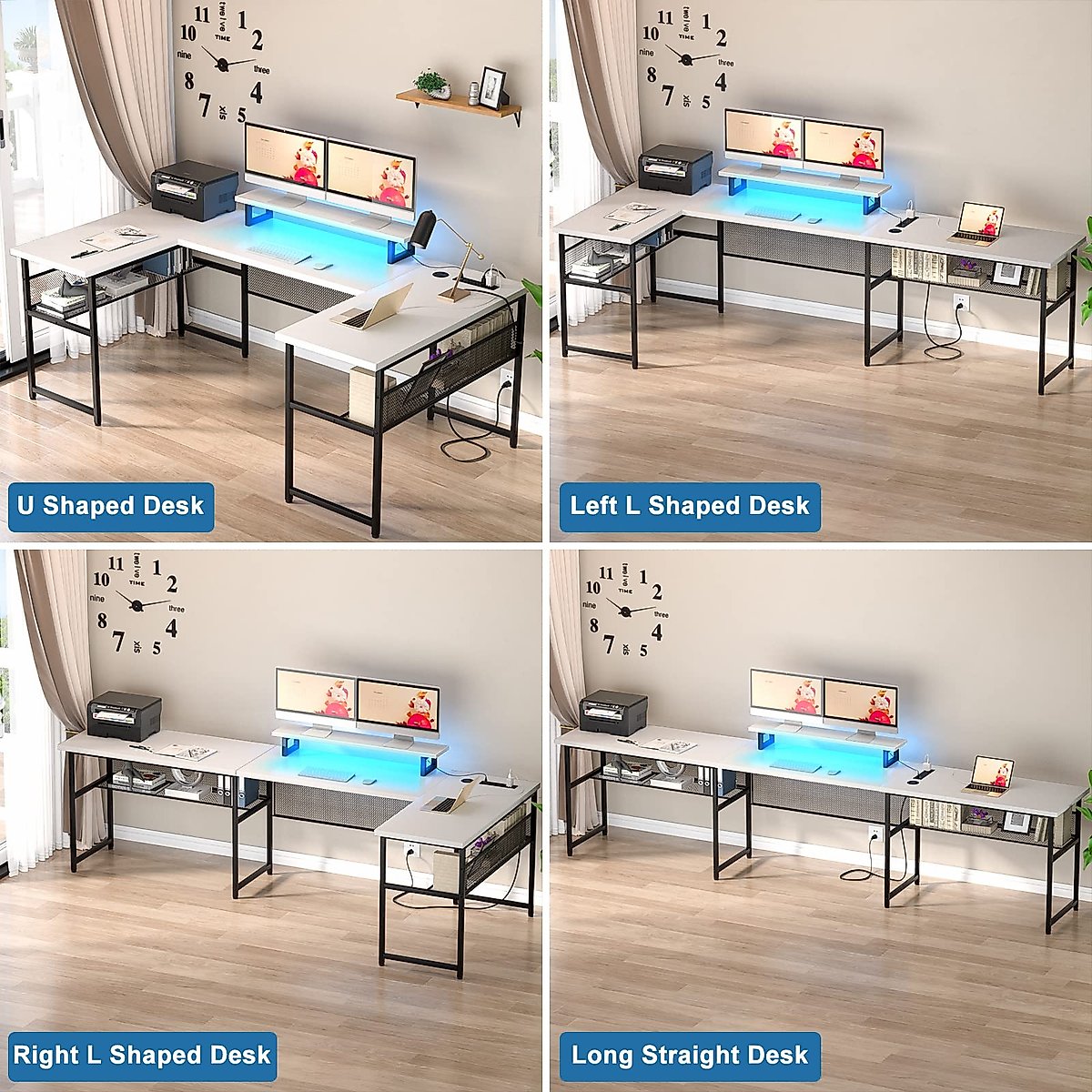 Unikito U Shaped Computer Desk with LED Strip and Power Outlets, Reversible Large Office Desk with Monitor Stand and Storage Shelves, 2 Person L Shaped Gaming Table, 83 Inch U Shape Corner Desk, White