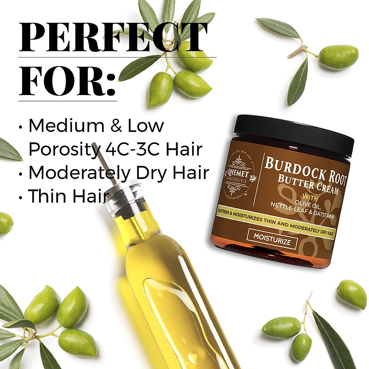 Qhemet Biologics Burdock Root Butter Cream - Leave-In Moisturizer for Low Porosity Hair - Helps Soften and Smooth Dry, Brittle Edges - Conditioning Botanicals to Nourish Scalp (8.5 oz)