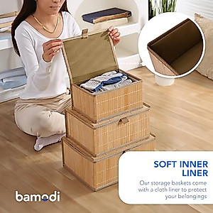 Bamboo Decorative Storage Boxes With Lids - Nesting Rectangular Lidded Box for Organization - Stackable Basket with Cloth Liner - Organizer for Toys, Home, Office - Woven Basket - Set of 3