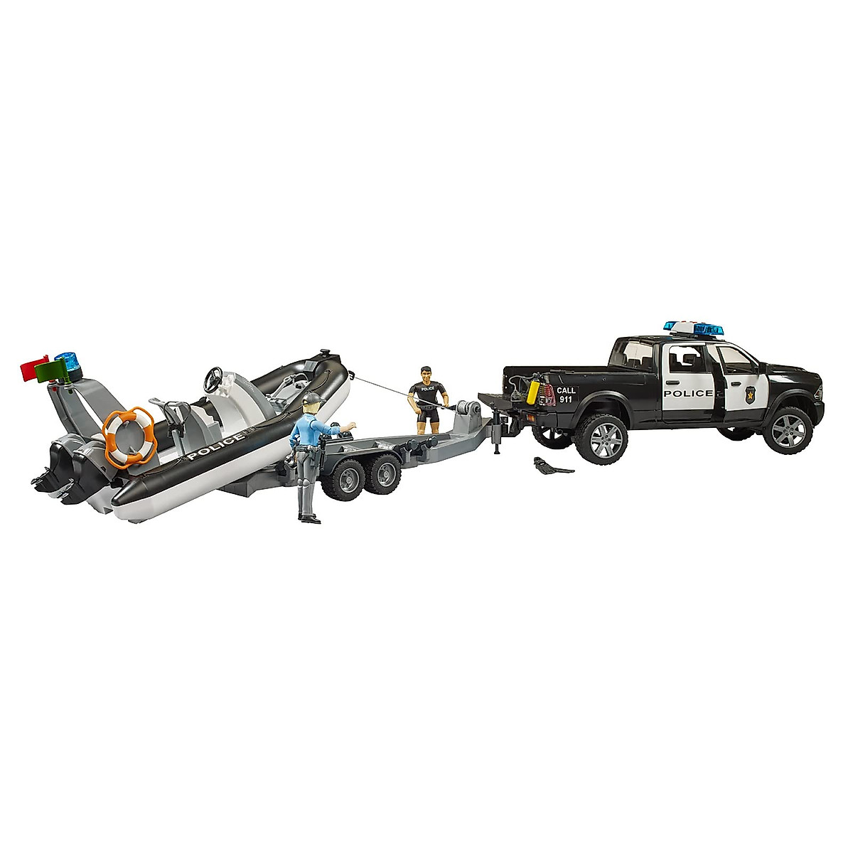 Bruder RAM 2500 Police Pickup with L + S Module Trailer, Boat and 2 Figures